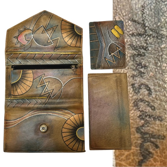 Anuschka | Bags | Anna Anuschka 3 Piece Hand Painted Leather Wallet Set ...